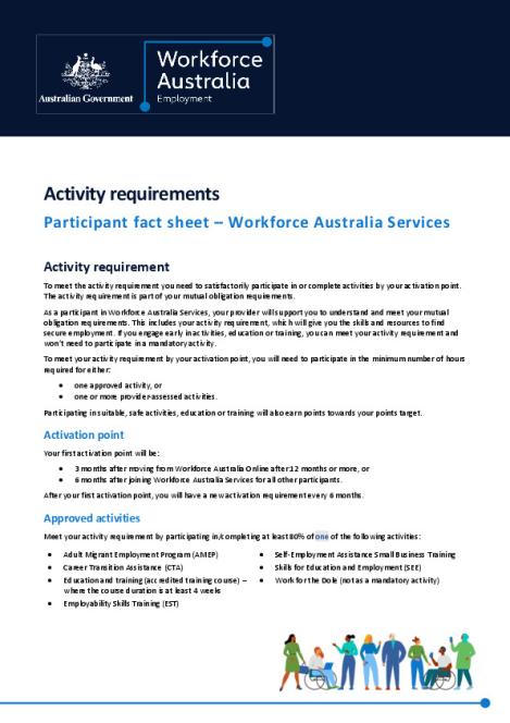 Workforce Australia Services - Activation and Mandatory Activity Requirement - Participant Fact ...